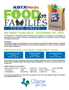 KBTX FOOD FOR FAMILIES FOOD DRIVE DECEMBER 1ST – KWHI.com
