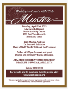 WASHINGTON CO. A&M CLUB’S AGGIE MUSTER APRIL 21 – KWHI.com